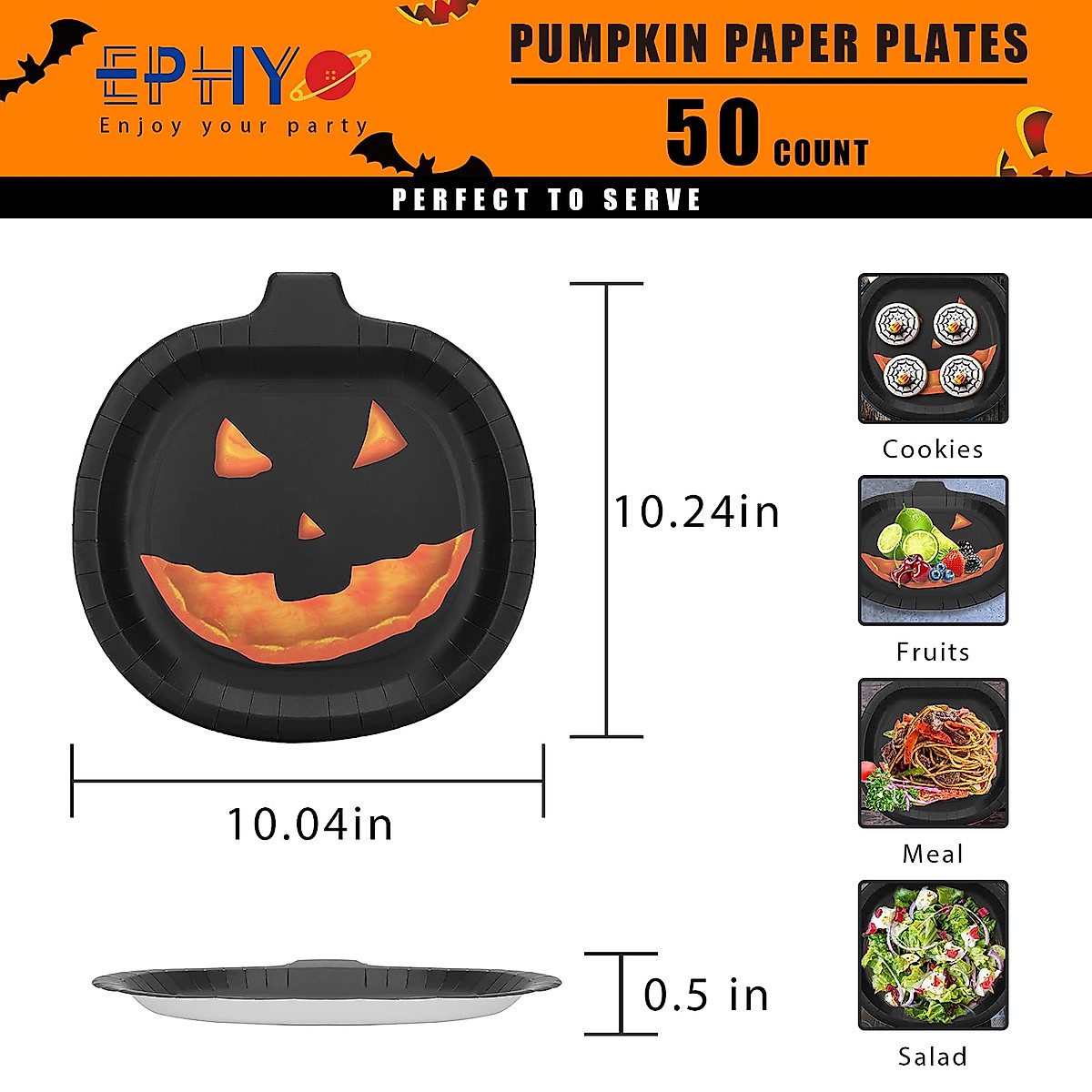 EPHYO 50Count Halloween Paper Plates 10.24 x 10in Disposable Party Supplies Black Pumpkin Dessert Dinner Birthday Party Decorations Cake Appetizer Cute Dinnerware Tableware for Kids