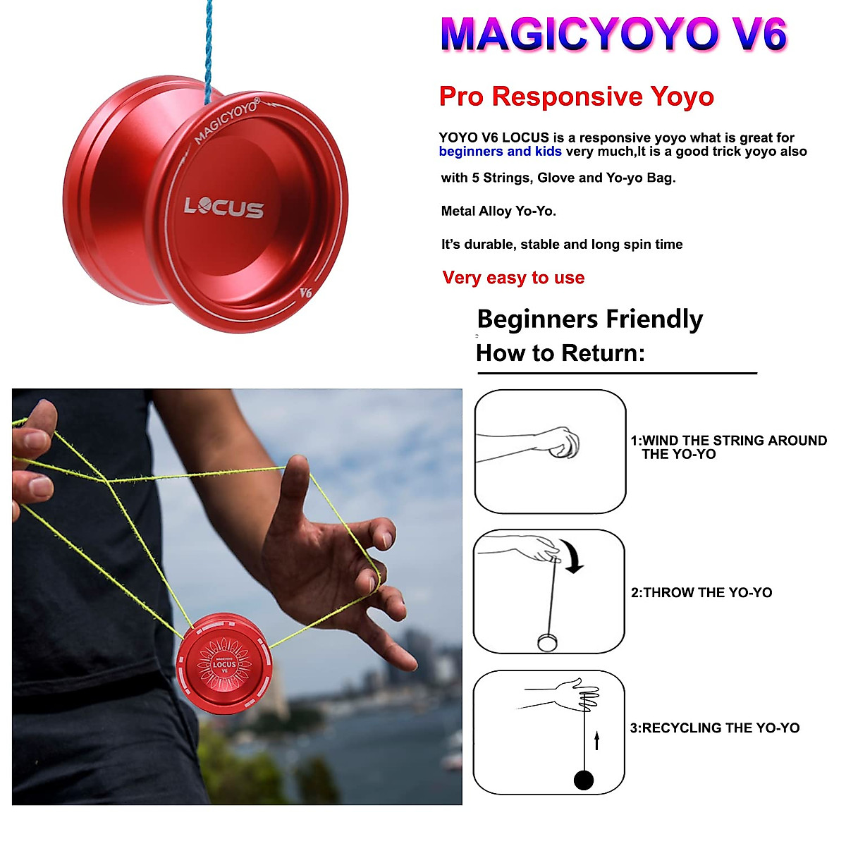 MAGICYOYO V6 Locus Yoyo Professional Responsive Yoyos for Kids Teens Adults, Beginners Yo-yo, Stable Practice Yo-yos for Girls Ladies, Metal Yoyo with Yo Yo Glove+ 12 Yo Yos String+ Pouch Kit, Red