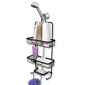 Splash Home Aluminum Kohala Bathroom Hanging Head Two Basket Organizers Plus Dish Shower Caddy, 24 x 5 x 11 Inches, Matte Black