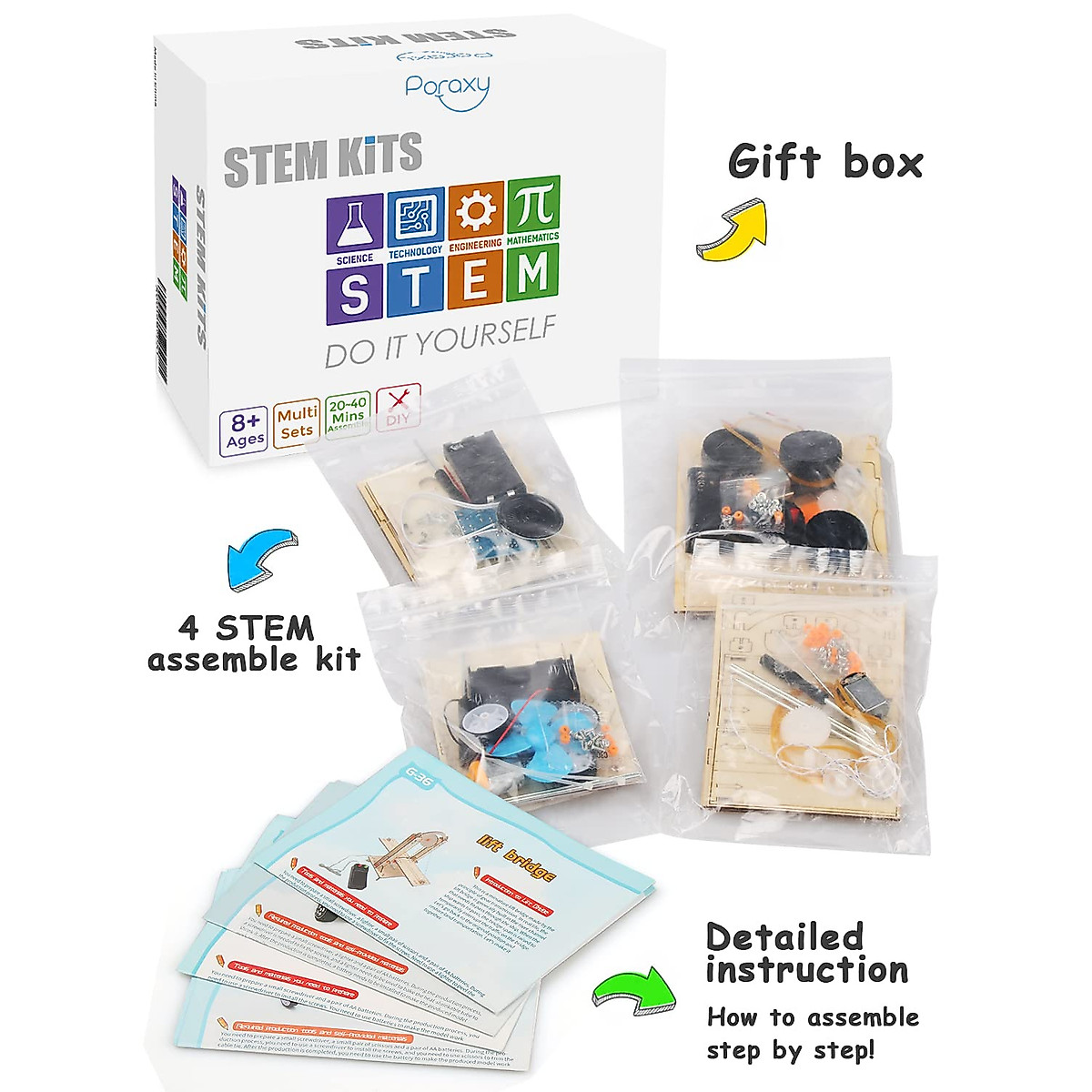 4 Set STEM Kits, Science Experiment STEM Projects for Kids Age 8-12, Model Car Kit, Educational Building Kits,3D Wooden Puzzles, DIY STEM Toys, Birthday Gift for Boys and Girls Ages 8 9 10 11 12