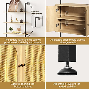 Ladder Bookshelf with Cabinet, 6 Tier Wall Mount Ladder Bookcase with Rattan Cabinet, Tall Open Ladder Shelf with Metal Frame for Living Room, Bathroom, Home Office, Natural