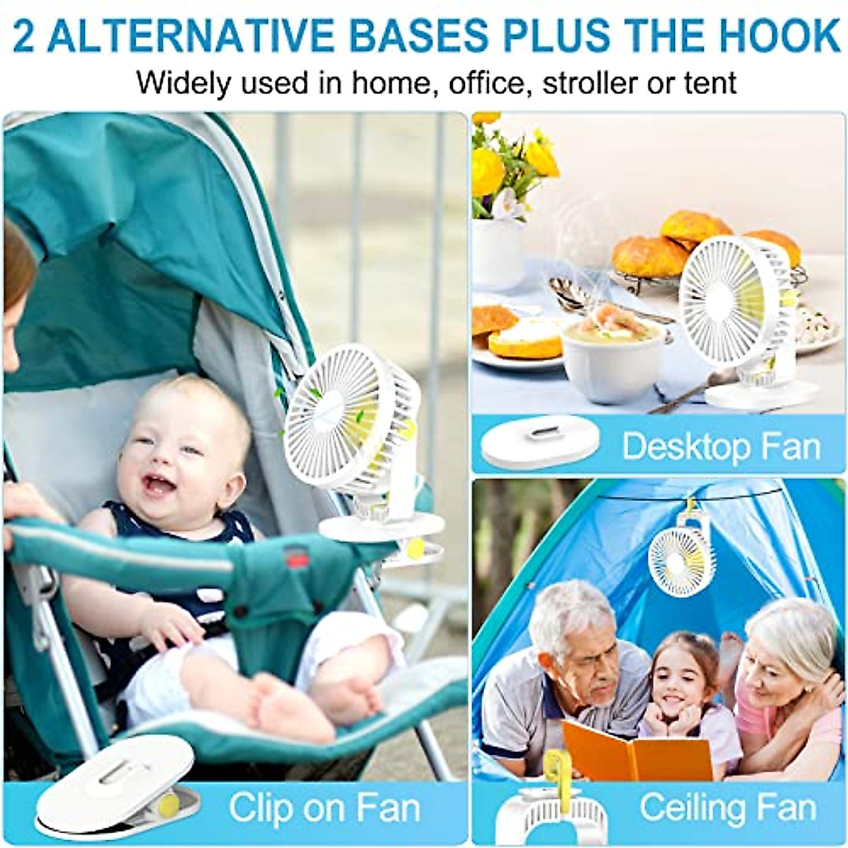Small Desk Fan - USB Fan with 2 Bases as Desktop Fan, Clip On Fan for Table and Baby Stroller, Portable Rechargeable Clip Fan with 3 Speed and 5000 mAh Battery for Office, Bedroom, Camping, Travel