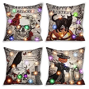 Hexagram Lighted Halloween Pillow Covers, Halloween Decorations Skull Pumpkin Black Cat LED Halloween Pillows Covers 18x18 Set of 4, Halloween Light Gothic Decor Pillows for Couch Sofa Indoor