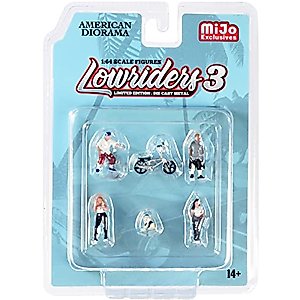 Lowriders 3" 6 Piece Diecast Set (4 Figurines, 1 Dog and 1 Bike) for 1/64 Scale Models by American Diorama 76480