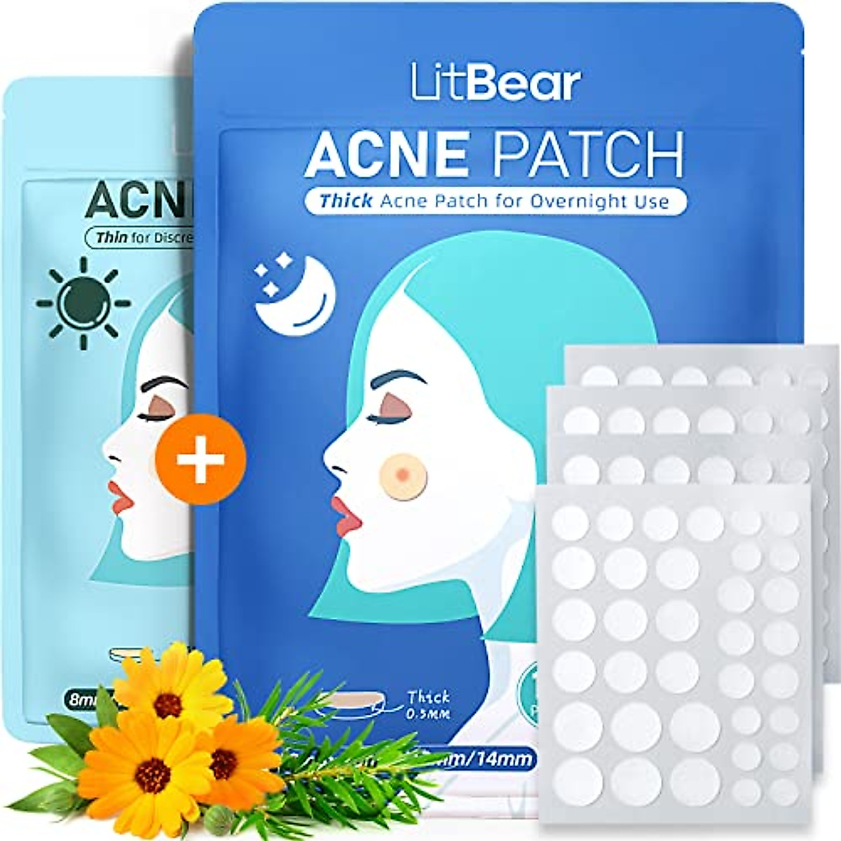 LitBear Acne Pimple Patches- Day and Night 4 Sizes 180 Dots Thin & Thick Hydrocolloid Patches with Witch Hazel, Tea Tree & Calendula Oil, Extra Adhesion Pimple Patches for Face Zit Patch Acne Dots