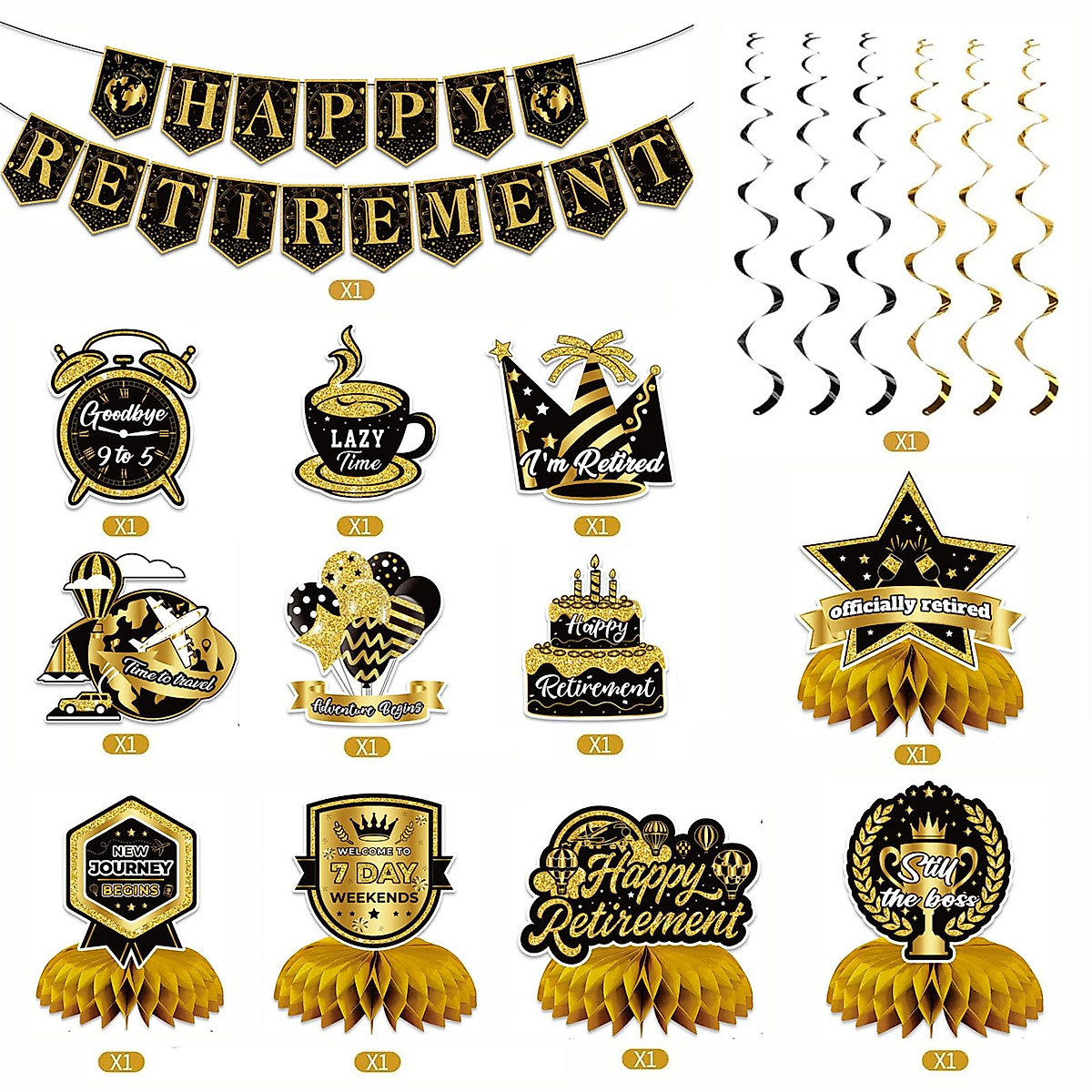 Zgrzoqjlw 12Pcs Retirement Party Decorations for Men Women Black Gold Happy Retirement Banner Honeycomb Centerpiece Swirls Party Supplies Retired Farewell Party Set Work Graduation Party Decorations