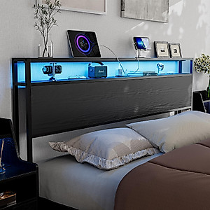 IKIFLY California King Size Storage Headboard with LED Lights & Charging Station - Industrial Metal and Wood Cal King Headboard Only for Bedroom, Attach Frame, Easy Assembly - Black