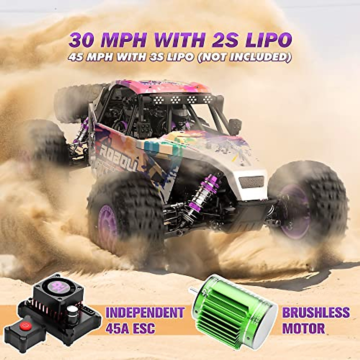 RIAARIO 1:12 RTR Brushless RC Desert Cars for Adults, Max 45MPH Fast RC Cars, Monster Truck with Independent ESC, 4X4 RC Truck for Boys, All Terrain Remote Control Car with Oil Filled Shocks(Purple)