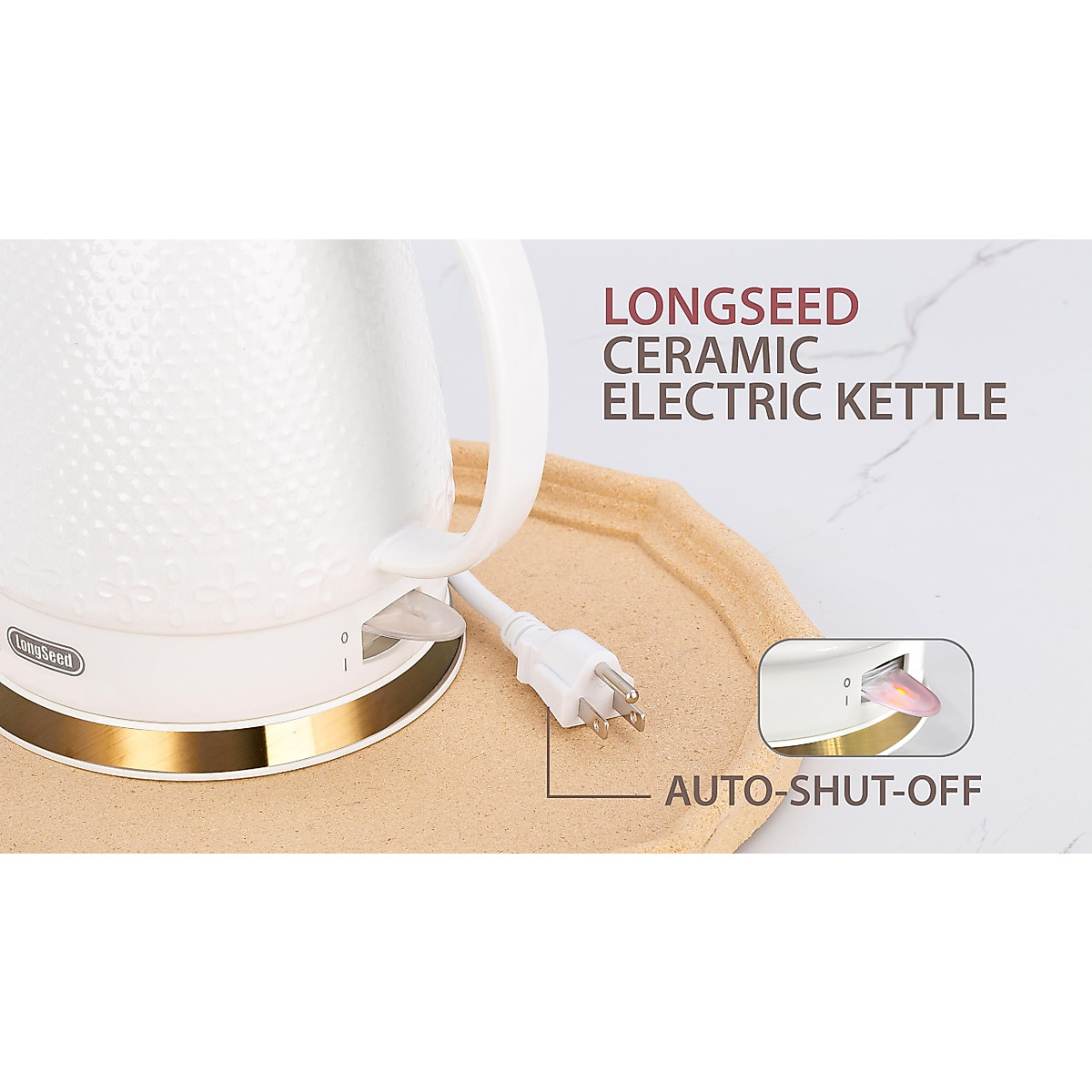 LONGSEED Ceramic Electric Kettle with Fine Mesh Infuser, 1.2L/1000W Boil Water Quickly and Easily with Boil-Dry Protection Auto Shut Off, Detachable Swivel Base, Glazed Relief Carving