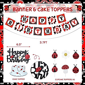 103 PCs Ladybug Birthday Party Decorations, Fiesec Ladybug Party Supplies Backdrop Balloon Garland Banner Tablecloth Cake Cupcake Topper Walking Balloon Polka Dots Red Black