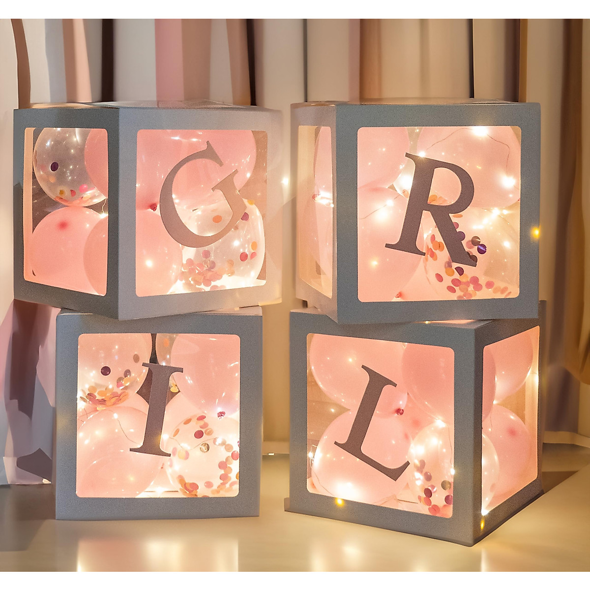 Uptotop Baby Shower Balloon Box Decorations, 4 Pcs Baby Blocks Transparent Balloon Boxes with A-E Letters, Fairy String Lights and 36 Pcs Latex Balloons for Decor, Pink