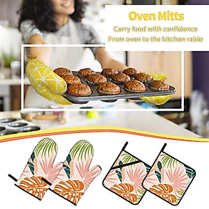Oven Mitts and Pot Holders Sets 4 Piece, Boho Tropical Leaves and Flowers Pattern Oven Gloves Heat Resistant Non-Slip for Kitchen Cooking Grilling Baking