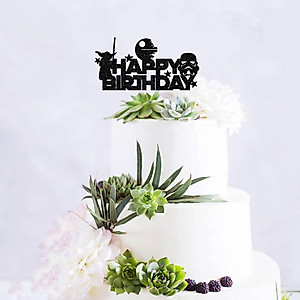 Alien Wars Happy Birthday Cake Topper Cartoon Cute Space Theme Black Glitter Decor for Baby Shower Birthday Party Decorations Supplies
