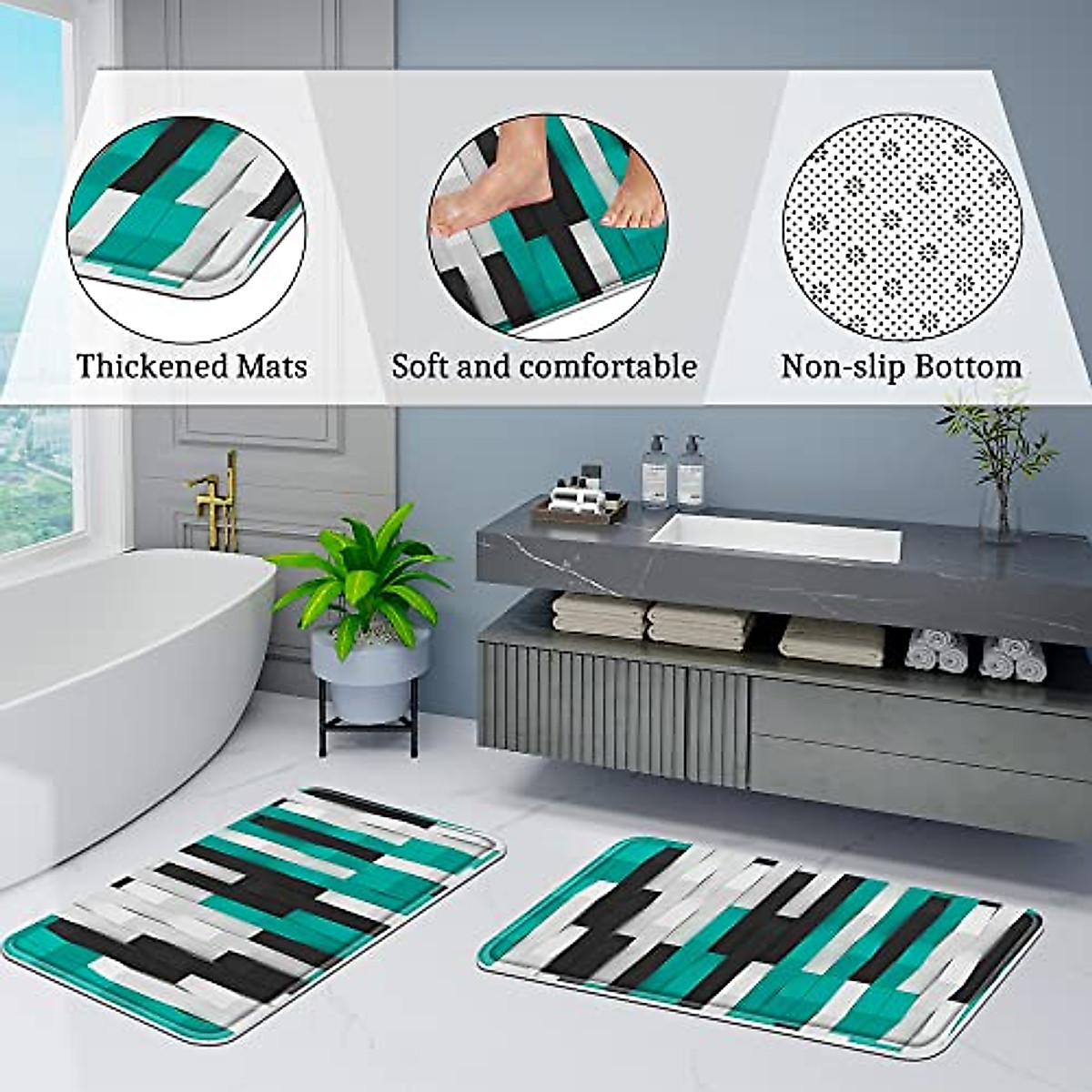 YOKYHOM Green Bathroom Sets with Shower Curtain and Rugs, 3 Piece Striped Bathroom Shower Curtain Sets with Rugs, Incl 71'' x 71'' Shower Curtain with 12 Hooks, 2 Pcs 30'' x 18'' Non Slip Bath Mats