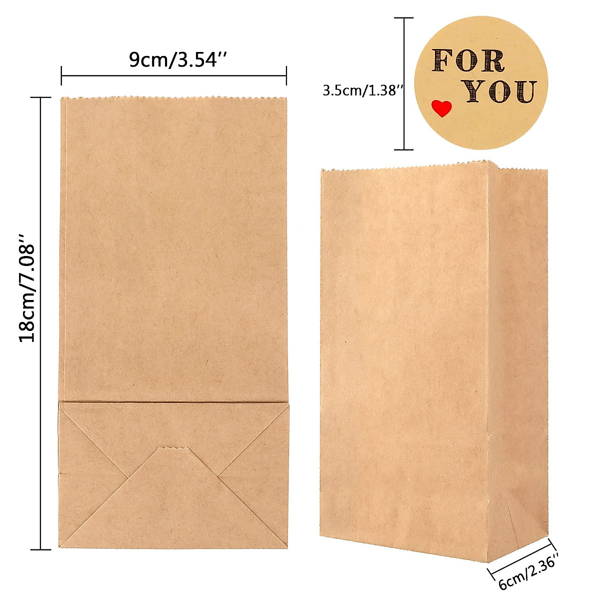 joycraft 100 Count Brown Paper Bags, 1lb Mini Kraft Paper Bags, Square Bottom Stand Up Bags Bulk with 108Pcs Stickers, Grocery Bags for Party Favor, Snacks, Crafts, Small Business 3.5"x2.3"x7"