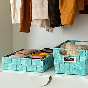 Motifeur Decorative Woven Strap Divided Basket, Bathroom Storage Bins with Compartment, Bedroom Organization Container with 4 Section (Green)