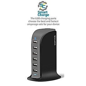 Aduro 40W 6-Port USB Desktop Charging Station Hub Wall Charger for iPhone iPad Tablets Smartphones with Smart Flow (Black)