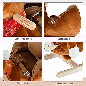 Qaba Kids Ride-On Rocking Horse Toy, Rocker with Lullaby Song, Hand Puppets & Soft Plush Fabric for Children 18-36 Months, Brown