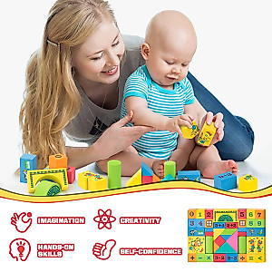 UNIH Foam Building Blocks for Toddler Toy 1-3, Soft Blocks with Number & Cartoon, Colorful Stackable Blocks Toddler Toys for 1 2 3 Year Old Boys Girls Gift