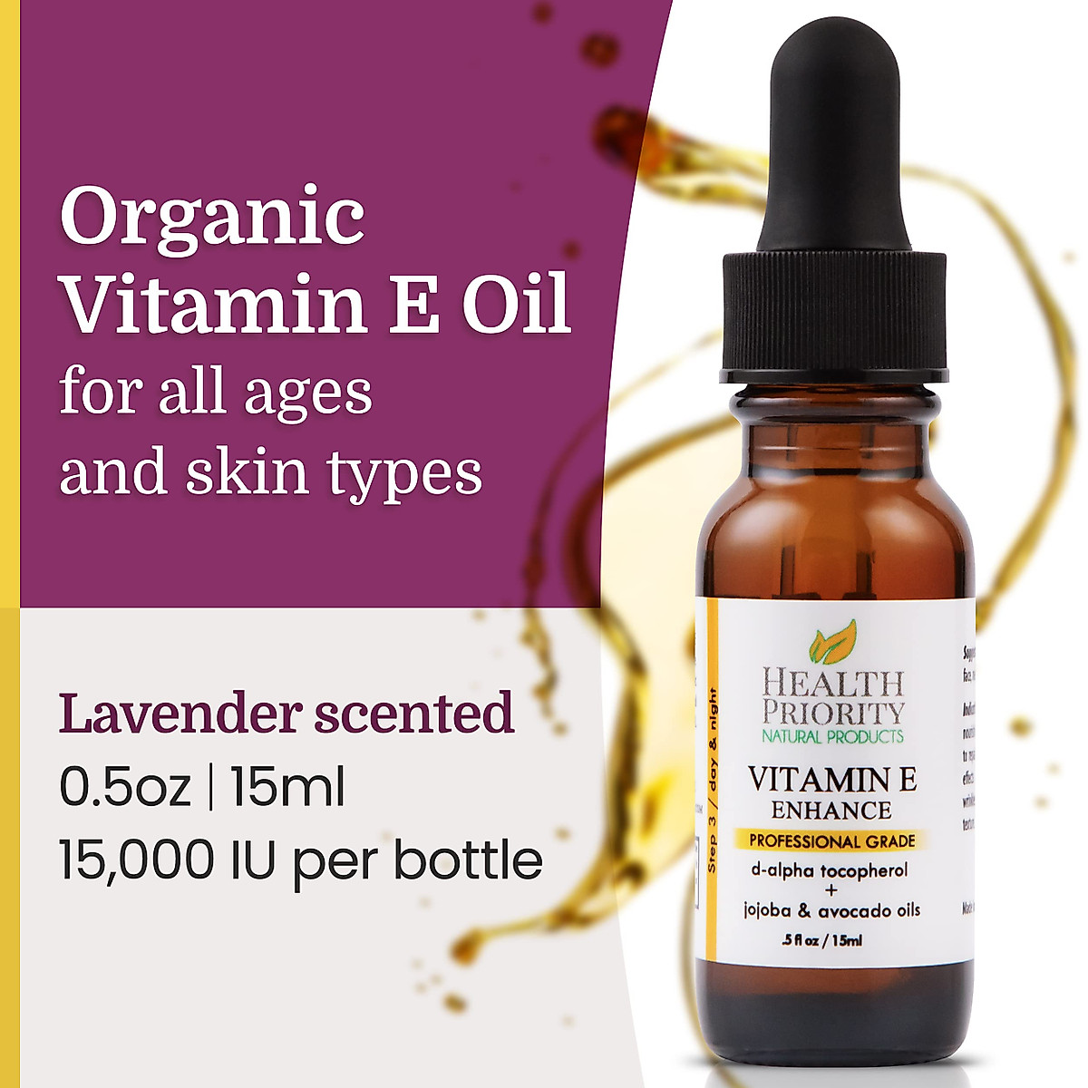 Healthy Priority Vitamin E Oil - 15,000 IU Vitamin E Serum for Face and Hair - Organic, Handmade - Non-GMO, Gluten-Free, Vegan - Vitamin E Oil for Scars, Wrinkles, Stretch Marks - Scented, 0.5 Fl Oz