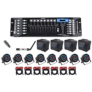 Rockville 192-Channel DMX Controller+Lighting Transmitter+Receiver+8 Par Lights