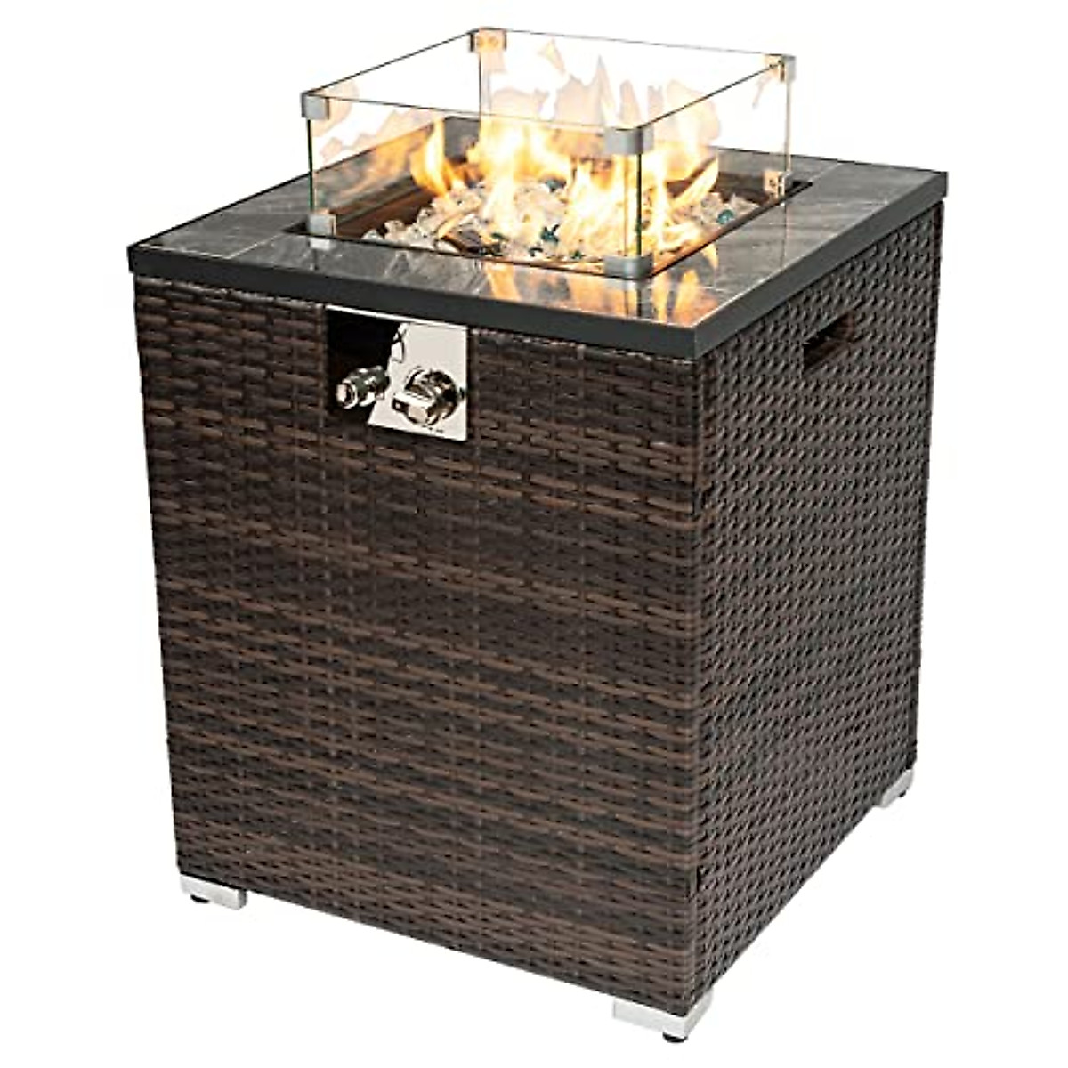 AJ Enjoy 24in Outdoor Propane Gas Fire Pit Table, 40,000 BTU Auto-Ignition Gas Firepit with Glass Wind Guard, Marble Tile Tabletop, Mixed Color Glass Rocks, Brown PE Rattan
