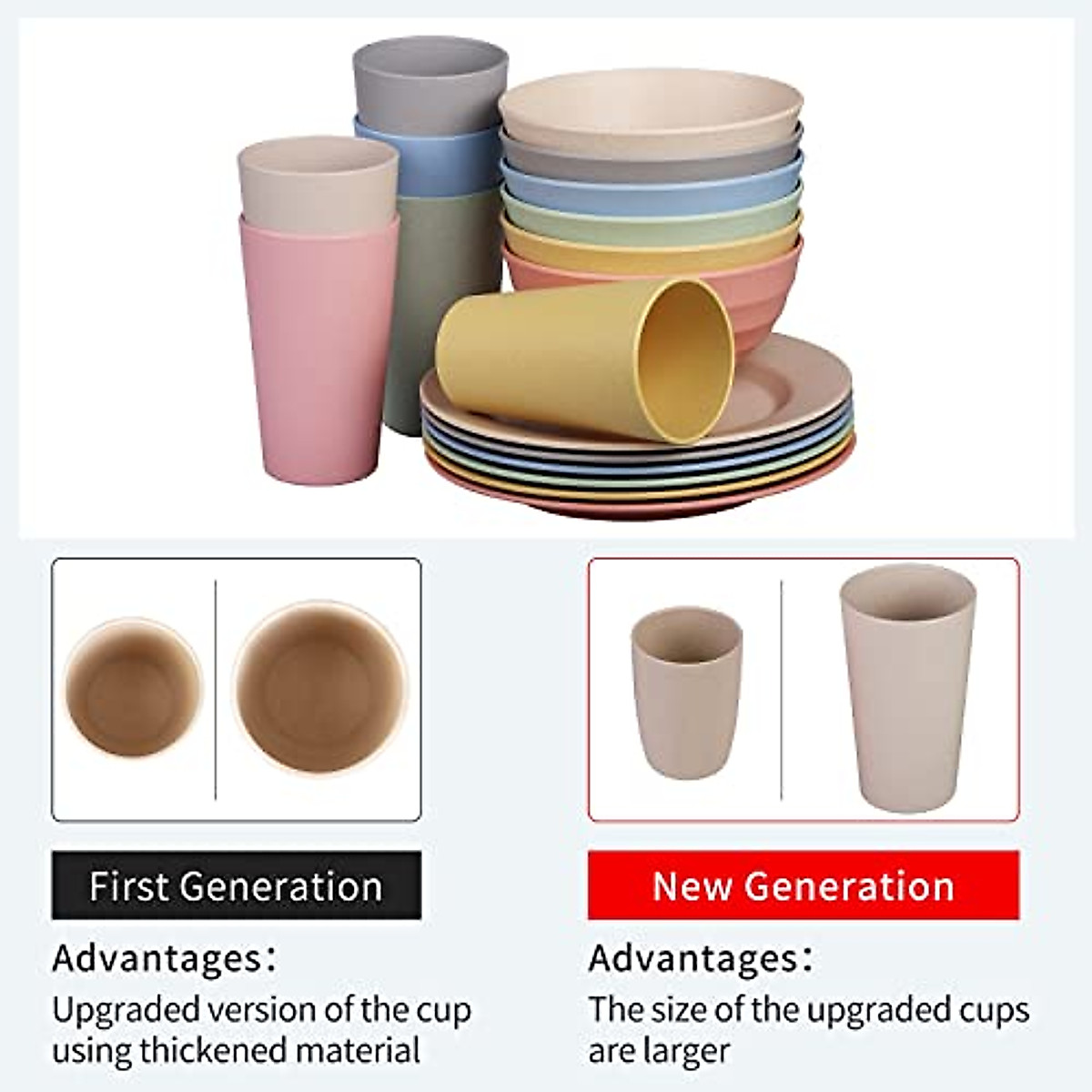 Cainfy Wheat Straw Dinnerware Set for 6, Upgraded Unbreakable Cereal Fruit Soup Rice Bowls Plates Mugs Sets for Outdoor Camping Dishwasher Microwave Safe