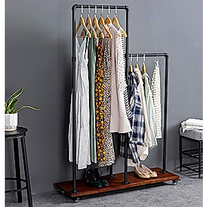 Hanging Clothes Rack with Shelves,Industrial Pipe Clothing Rack on Wheels,Heavy Duty Rolling Garment Rack - Clothes Racks for Hanging Clothes - Natural Wood Base