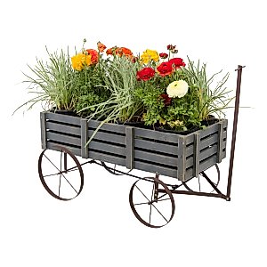 Shine Company Decorative Buckboard Wagon Garden Planter, Wooden Wagon Yard Décor for Outdoor Plants, Gray