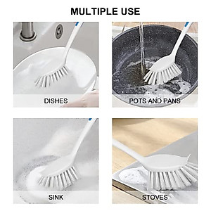 SetSail Dish Brush with Handle, 2 Pack Stiff Bristles Dish Scrubber with Suction Cup Dish Scrub Brushes with Built-in Scraper for Cleaning Dishes, Pots and Pans, Kitchen Sink