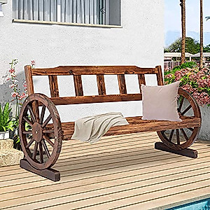 JSUN7 Outdoor Wooden Wheel Bench,56''L x 22.4" W x 29.6" H Wagon Bench Chair Rustic Slatted Seat Back for Backyard Patio Garden, 2-Person