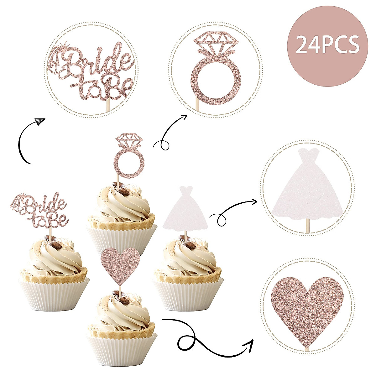 24 PCS Bride to Be Cupcake Toppers with Heart Ring Dress Bridal Shower Cupcake Picks Wedding Engagement Bachelorette Party Cake Decorations Supplies