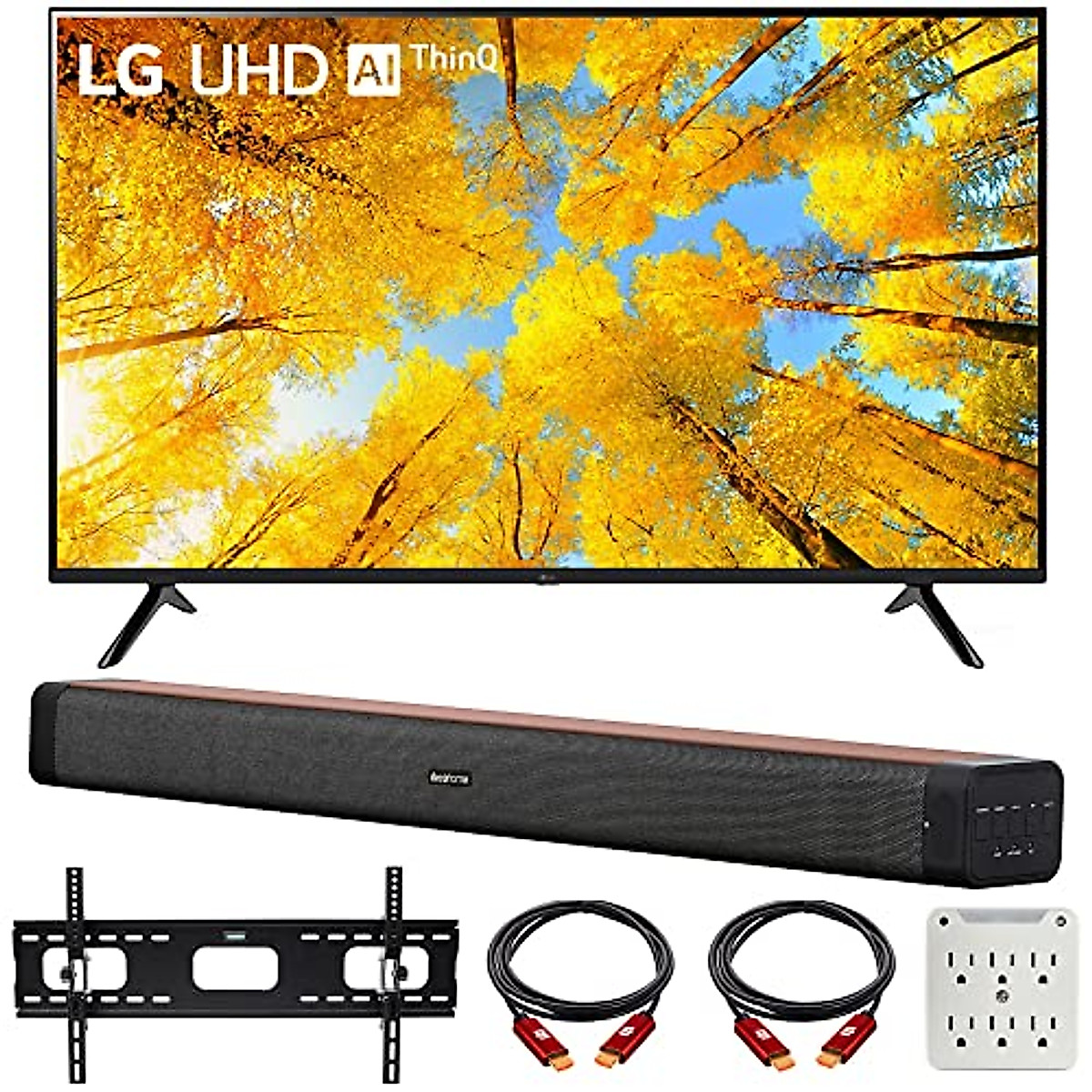 LG 55UQ7570PUJ 55 Inch 4K UHD Smart webOS TV Bundle with Deco Gear 60W 2.0 Channel Soundbar, 37"-100" TV Wall Mount Bracket Bundle and 6-Outlet Surge Adapter
