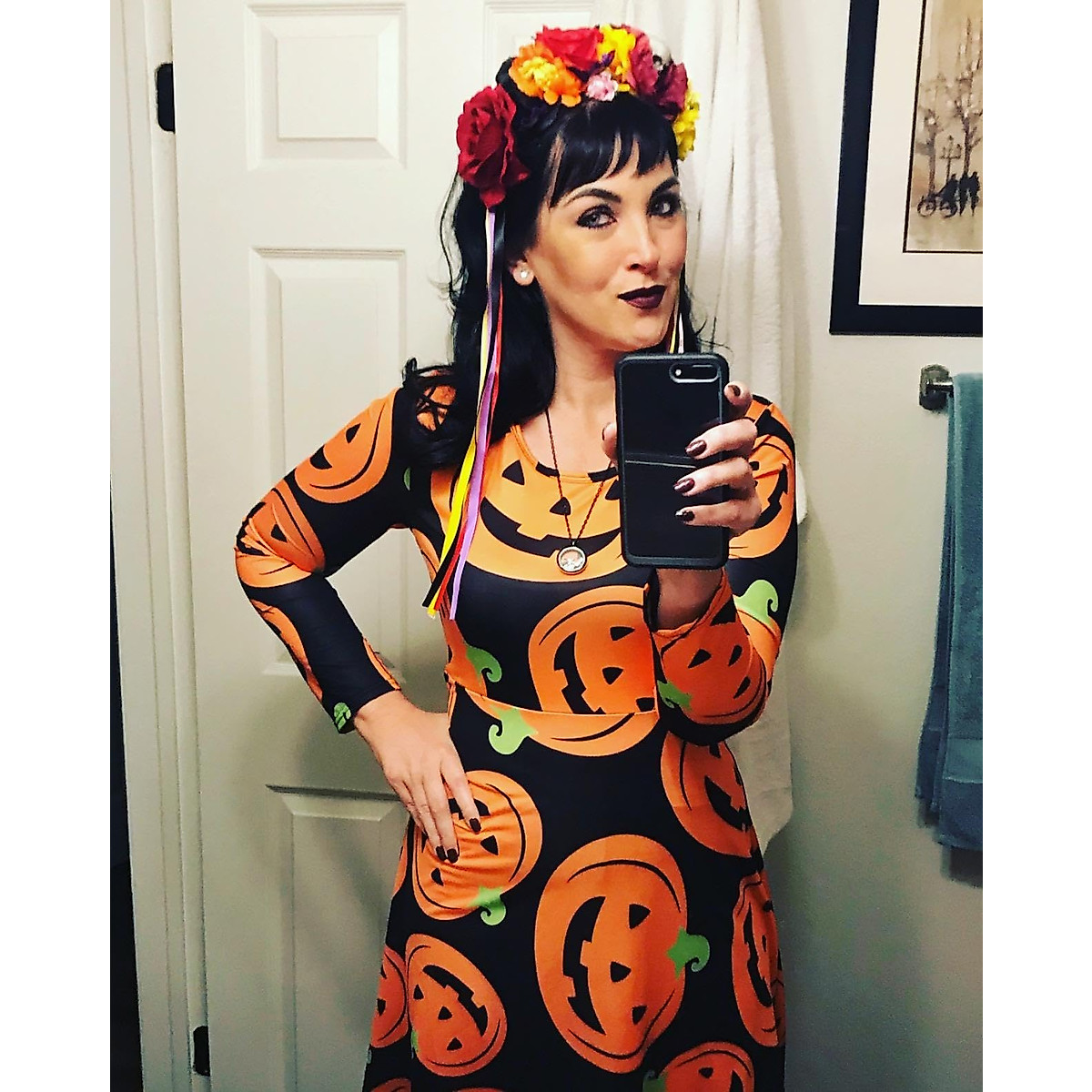 DreamLily Frida Kahlo Mexican Flower Crown Headband Halloween Party Costume Dia de los muertos Headpiece NC25 (A-Rose skull ribbon)