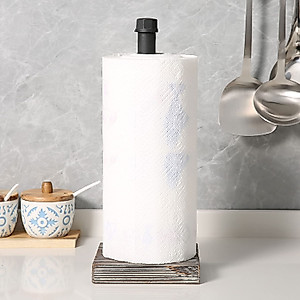 MyGift Industrial Brass Metal Pipe Paper Towel Holder Stand Kitchen Countertop Paper Towel Dispenser with Torched Solid Wood Base