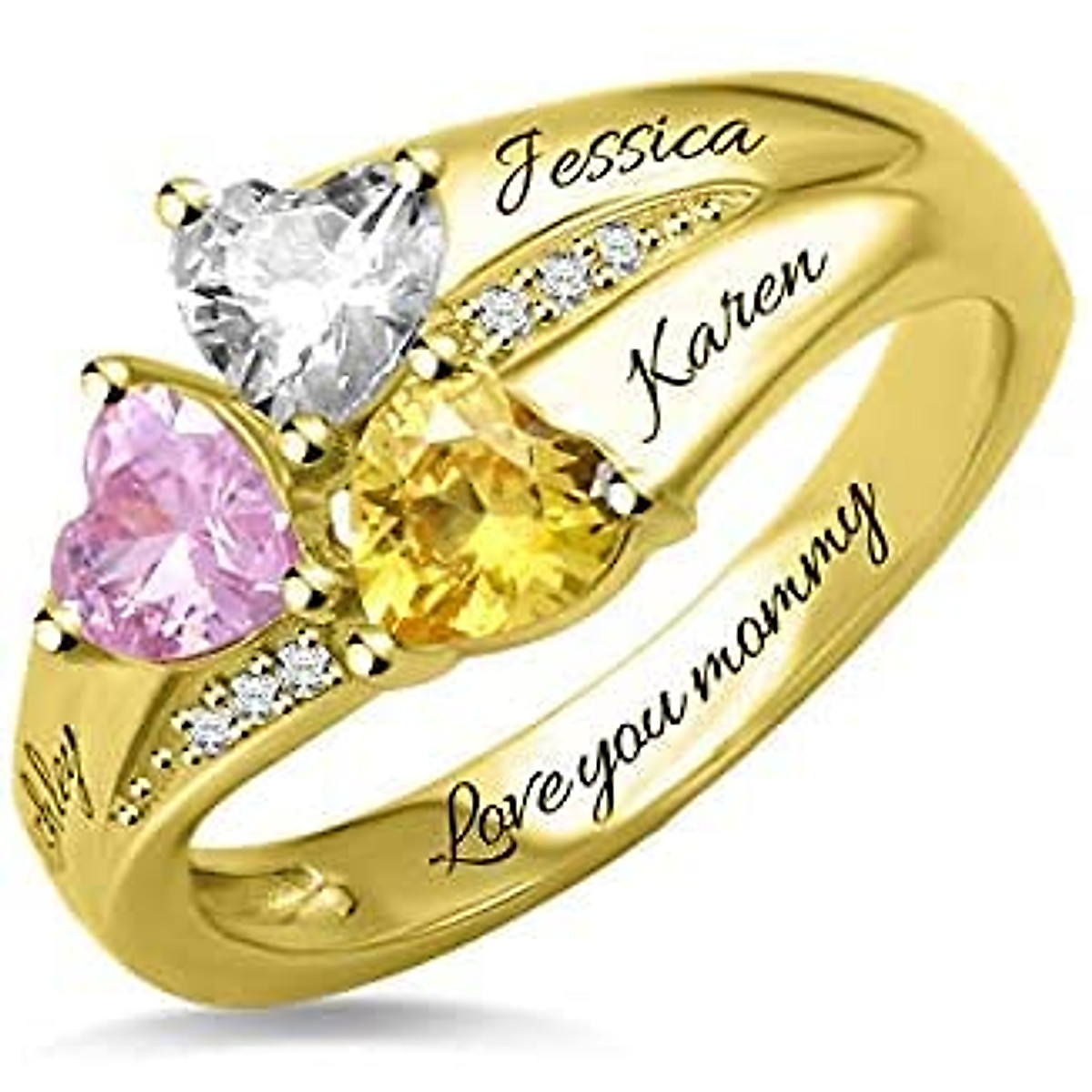 Mothers Ring Sterling Silver with 3 Birthstones & Names Personalized Women Band Custom Three Heart Shaped Stones Children Names White Gold Plated Gift for Mothers Day from Son Daughter