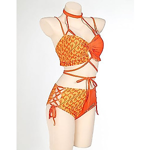 Miraculous Women's Rena Rouge Beach Halter Straps Top with Side-Closure Bottom Bikini Set Swimsuit Bathing Suit (as1, Alpha, m, Regular, Regular, Orange)
