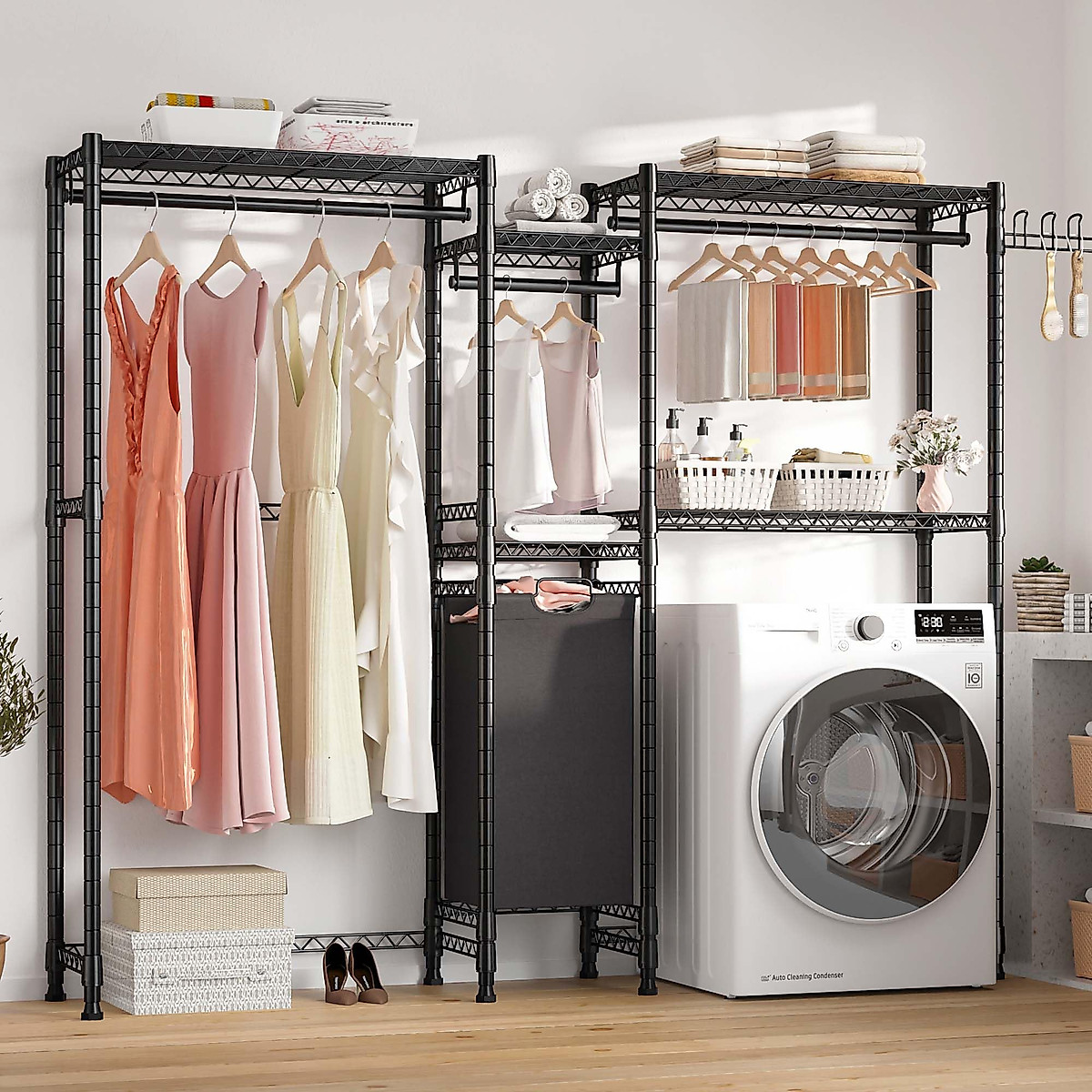 Raybee Over The Washer and Dryer Storage, Laundry Room Organization, Laundry Room Organization and Storage,78.7”W Laundry Room Shelves with Laundry Hamper and Hooks Washer and Dryer