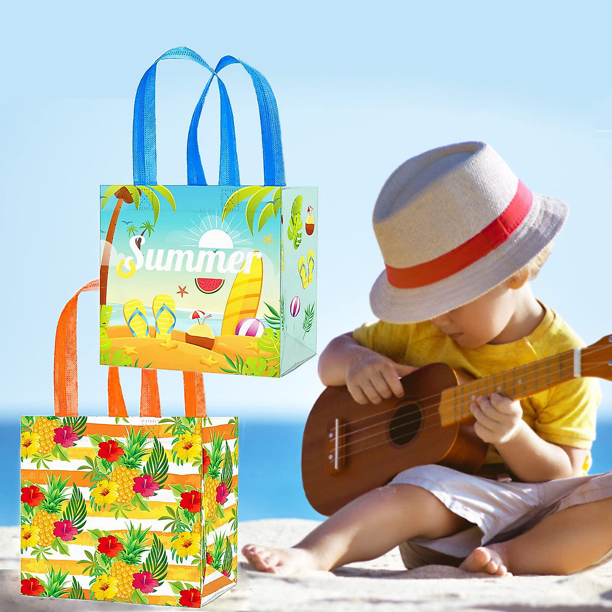 Hawaii Aloha Party Bags Summer Pool Beach Pineapple Watermelon Flamingo Theme Non-Woven with Handles Gift Treat Bags for Hawaiian Summer Pool Party Supplies