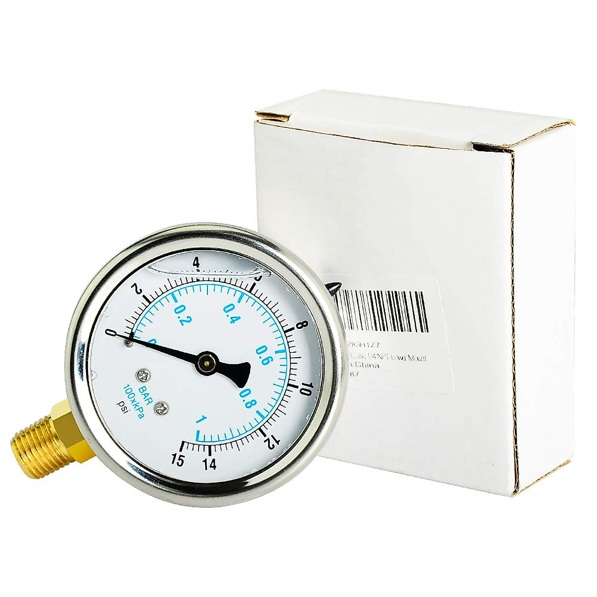 Taisher Liquid Filled Pressure Gauge, 0-15psi/kpa, 304 Stainless Steel Case, 1/4"NPT Lower Mount