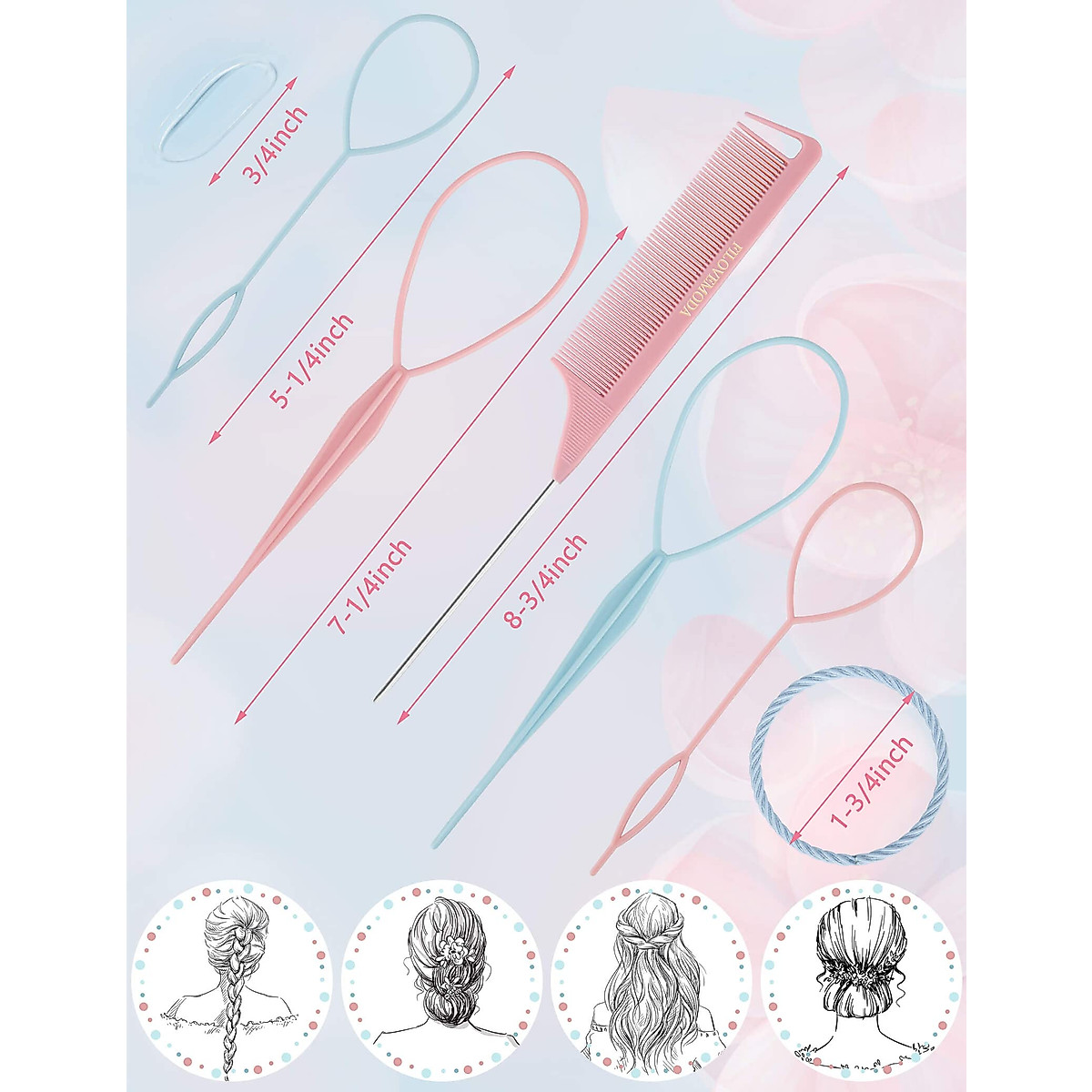 FILOVEMODA Hair Styling Kit: Tail Braiding Tool, 4 French Braid Loops, 100 Clear Mini Elastics, 10 Elastic Hair Ties