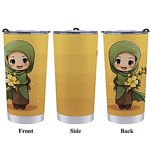 FZMTLDS Cartoon Muslim Girl Tumbler 20oz Stainless Steel Water Bottles with Handle Leak-proof Large Capacity Car Cup Travel Mug Insulated Coffee Cup Gifts for Women Men
