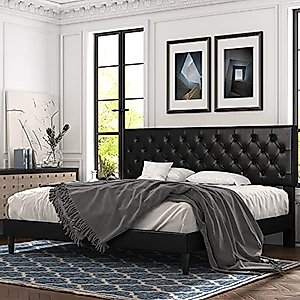Allewie King Bed Frame with Adjustable Diamond Stitched Button Tufted Headboard/Faux Leather Upholstered Platform Bed with Easy-Assembly Wood slats, Black