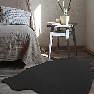Faux Fur Cowhide Rugs (5 * 7 ft), Machine Washable Cow Print Area Carpet Black Color with Non-Slip Suede Backing, Durable & No Shedding