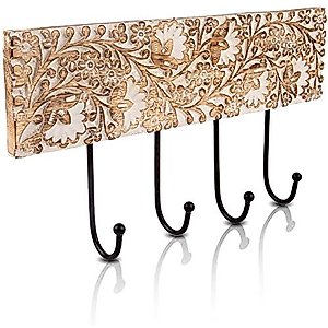 Decorative Wooden & Cast Iron Vintage Rustic Coat Hanger Wall Mounted Jacket Robe Towel Door Hook Rack Holder Rail For Hallway Living Room Entryway Bathroom Bedroom Home Decor Accents