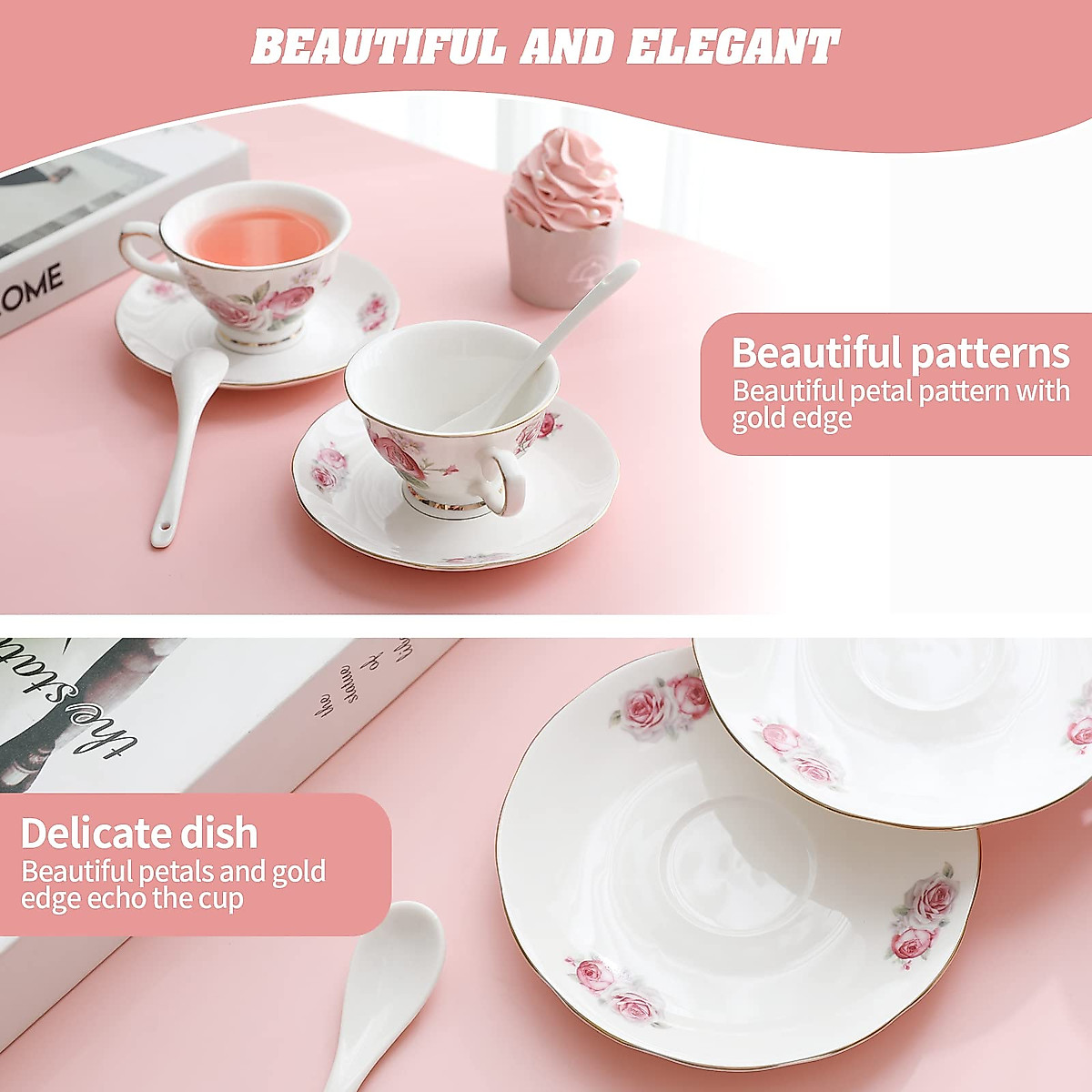 Viktorwan Porcelain Tea Cup and Saucer Coffee Cup Set with Saucer and Spoon, Set of 7 (2 Tea Cups, 2 Saucers, 2 Spoons, and 1 Bracket)