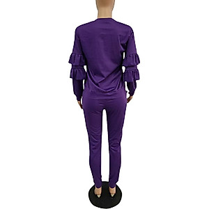 Akmipoem Casual Ruffle Two Piece Outfits Pullover Tops and Pants Jumpsuit Set for Ladies Purple XL