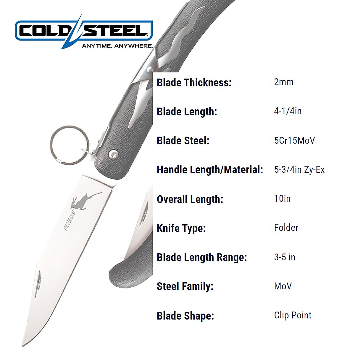 Cold Steel Kudu 4.25" 5Cr15MoV Steel Clip Point Razor-Sharp Blade 5.75" Zy-Ex Handle Everyday Carry Folding Knife w/Ring Lock