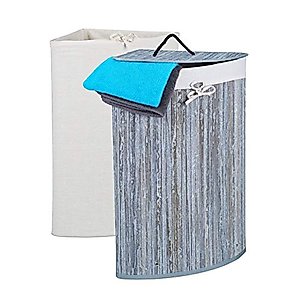 Relaxdays, Bamboo, Folding Hamper, Lid, 60 L, 2 Inner Washing Bags, 66 x 49.5 x 37 cm, Grey Corner Laundry Basket