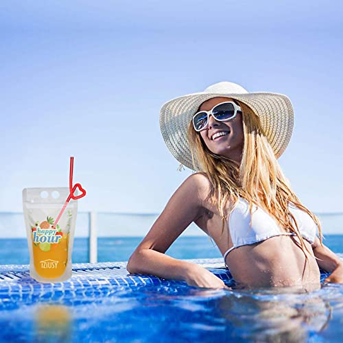 100 Pcs Zipper Plastic Pouches Drink Bags, Heavy Duty Hand-Held Translucent Frosted Reclosable Stand-up Bag 2.4" Bottom Gusset with 100 pcs Straws & Funnel Included